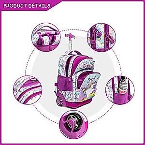 Oruiji Rolling Backpack for Girls Backpack with Wheels Unicorn Kids Wheeled Backpack for School with Lunch Box Trolley Wheeled Backpack Luggage Suitcase for Teen Girls