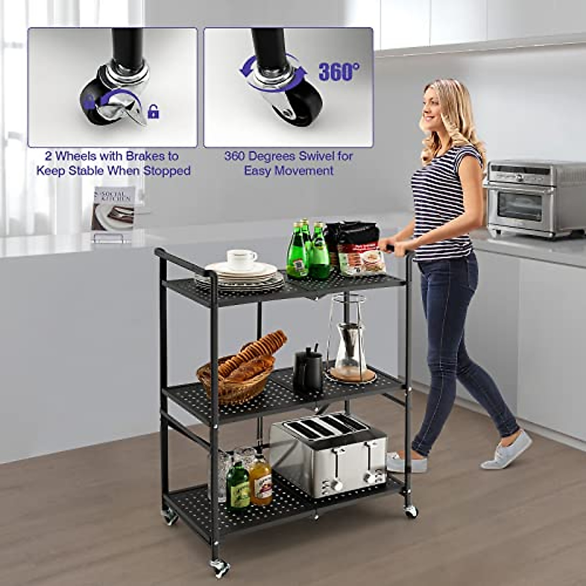 Tangkula 3-Tier Foldable Storage Shelves, Steel Storage Rack with 2 Handles, 4 Caster Wheels and Hook Buckle, Collapsible Utility Cart for Garage Kitchen, 3-Shelf Metal Shelving Units (1, Black)