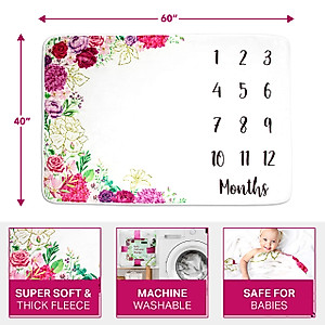 Baby Monthly Milestone Blanket Girl - Extra Soft, Large (60"X40") Thick Fleece - Baby Growth Chart Blanket - Baby Age Blanket for Photos - Baby Month Blanket Girls -Includes Headband and Floral Wreath