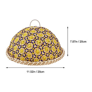generic Hand- Woven Round Rattan Serving Tray with Food Dome Lid Cover for Picnic Party Bread Cake Pizza Dry Fruit Dessert Yellow Q1519432BAA 28x28cm