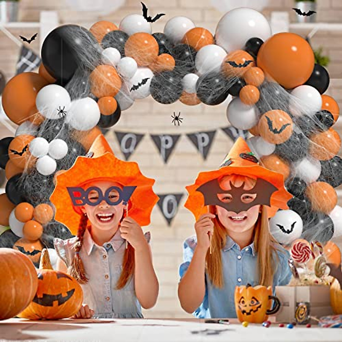 ZFUNBO 139 Pack Halloween Balloon Arch Garland Kit, Orange Black White Balloons Balloons Set with 3D Bat Sticker Spider Web for Halloween Party Decorations Baby Shower Birthday Party