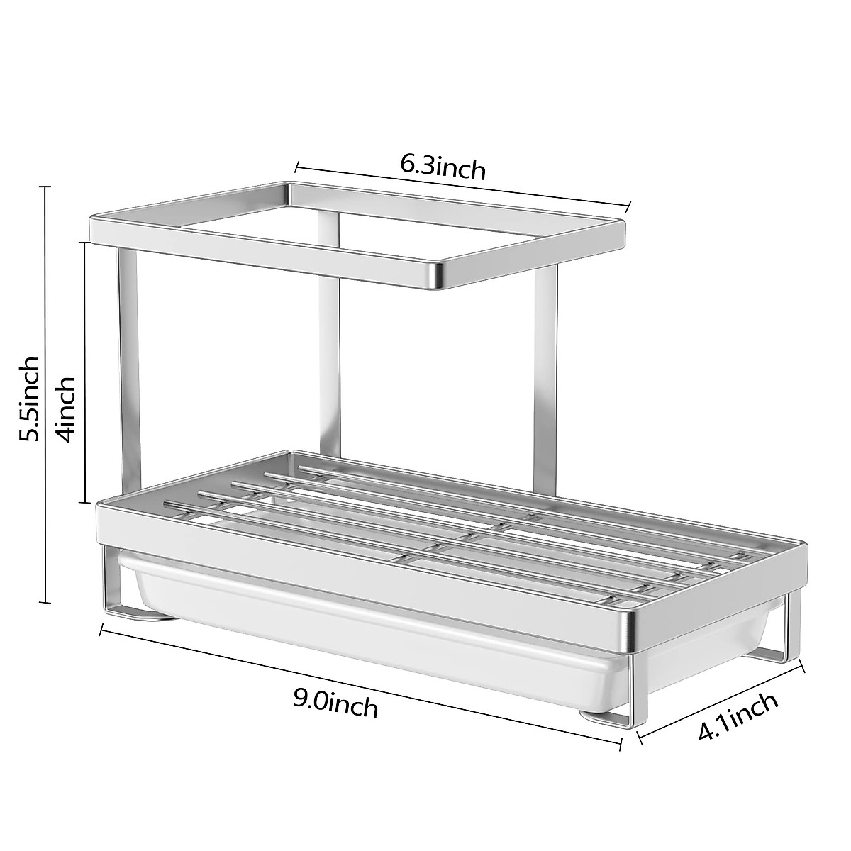 Oyydecor Kitchen Sink Caddy, 304 Stainless Steel Sponge Holder Organizer Countertop Soap Dish Rack Drainer with Drain Pan for Dish Rag Scrub Brush and Hand Sanitizer (Silver)