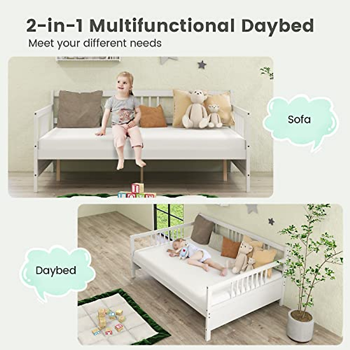 Giantex Full Size Daybed, Wooden Daybed Sofa Bed Frame with Wood Slat Support for Kids Teens, Multi-Functional Day Bed for Living Room Bedroom Guest Room, No Box Spring Needed (Full,White)
