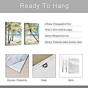 ARTISTIC PATH Beach Palm Trees Wall Art: Abstract Coastal Seascape Hand Painted Artwork Painting on Canvas Pictures for Living Room (12" W x 16" H x 2 PCS, Multi-Sized)