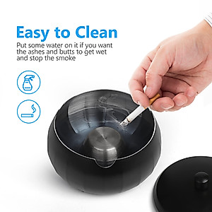 Ashtray for Cigarette JSVER Stainless Steel Ashtray, Smokeless Odorless Ash Tray with Lids, Tabletop Ashtrays For Home Office Outdoor Balcony (Black)