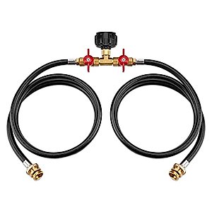 WADEO 5 FT Propane Splitter Hose, Propane Y Splitter 2 Way with Shut Off Valve, Propane Hose Adapter 1lb Portable Appliance to QCC1/Type1 20lb Propane Tank for Gas Grill, Heater, Fire Pit, 350PSI