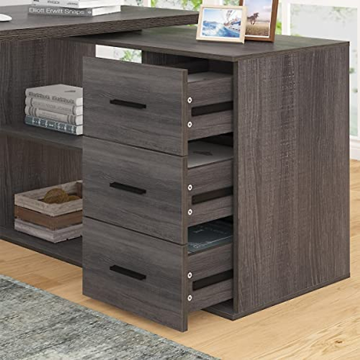 HSH L Shaped Desk with Drawers, L Shape Computer Desk with Storage Cabinet Shelves, Reversible Modern Industrial Home Office Corner Desk, Rustic Wood Executive Writing Gaming Study Table, Gray 55 Inch