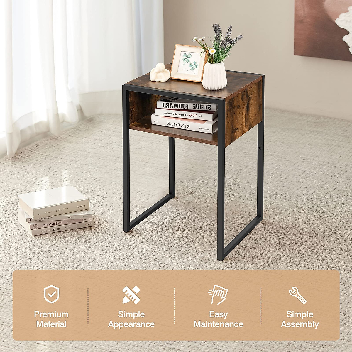 Giantex Industrial Side Table, Small End Table with Open Storage Compartment and Metal Frame, Wood Bedside Tables, Night Stand for Living Room Bedroom, Easy Assembly, Rustic Brown