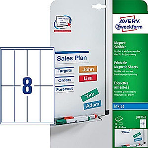 Avery Zweckform J8875-5 Printable Magnetic Sheets with Special Coating 50 x 140 mm 5 Sheets / 40 Labels White