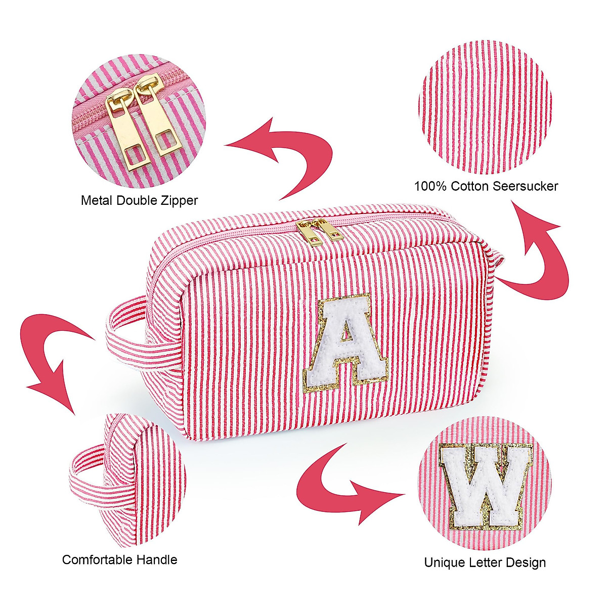 YOOLIFE Makeup Bag for Women - Monogram Cute Initial Pink Makeup Bags Cosmetic Toiletry Pouch Make Up Case for Women Her Best Friend Friendship Sister Teacher, Personalized Birthday Gifts for Women C