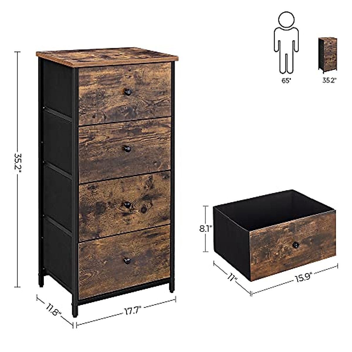 SONGMICS Dresser for Bedroom, Fabric Dresser with 4 Drawers, Wooden Top and Front, Metal Frame, Small Chest of Drawers, Rustic Brown and Black ULGS04H, 17.7 x 11.8 x 35.2 Inches