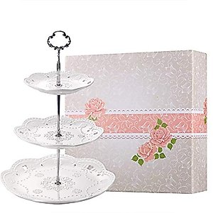 BonNoces 3-Tier Porcelain Cupcake Stand Serving Tray - White Embossed Elegant Dessert Cake Stand - Pastry Serving Stand for Tea Party, Wedding and Birthday