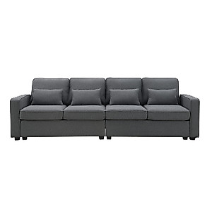 BIADNBZ Linen Fabric 4-Seater Sofa Modern Couch Furniture with Armrest Storage Pockets and 4 Pillows, for Living Room Apartment, 104inch, Dark Gray