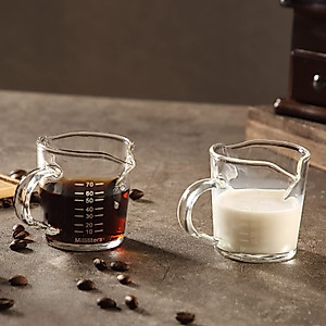 2 Pack 3oz Heat Resistant Glass Espresso Measuring Glass Espresso Shot Glass Triple Pitcher Barista Double Spouts With Pouring Handle Barista Measuring Cup Double Shot Glass (Glass Handle)