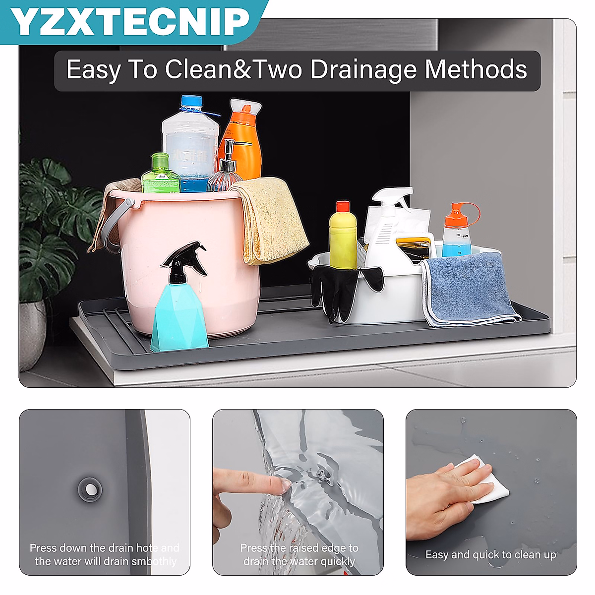 Under Sink Mat for Kitchen Waterproof, 34”x22”Or Smaller Cut to Fit Flexible Silicone Under Sink Liner with Drain Hole,Kitchen Bathroom Cabinet Organizer and Protector for Drips Leaks Spills