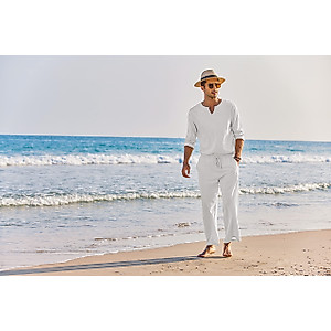COOFANDY Men's 2 Pieces Cotton Linen Set Henley Shirt Long Sleeve and Casual Beach Pants Summer Yoga Outfits