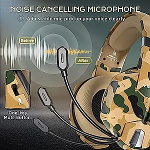 YINSAN Gaming Headset for Xbox One, PS4 Headset with Mic, Stereo Surround Sound, Noise Cancelling Microphone & One-Key Mute, Cool Camo Gaming Headphones for Nintendo Switch PS5 PC