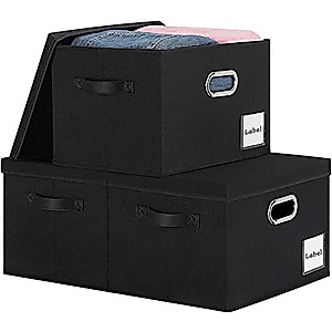 LHZK Large Storage Bins with Lids 9 Pack, Linen Fabric Storage Boxes with Lids, Foldable Storage Baskets with 3 Handles and Label Window for Shelves Bedroom Closet Office (15x11x9.6, Black,Grey,Beige)
