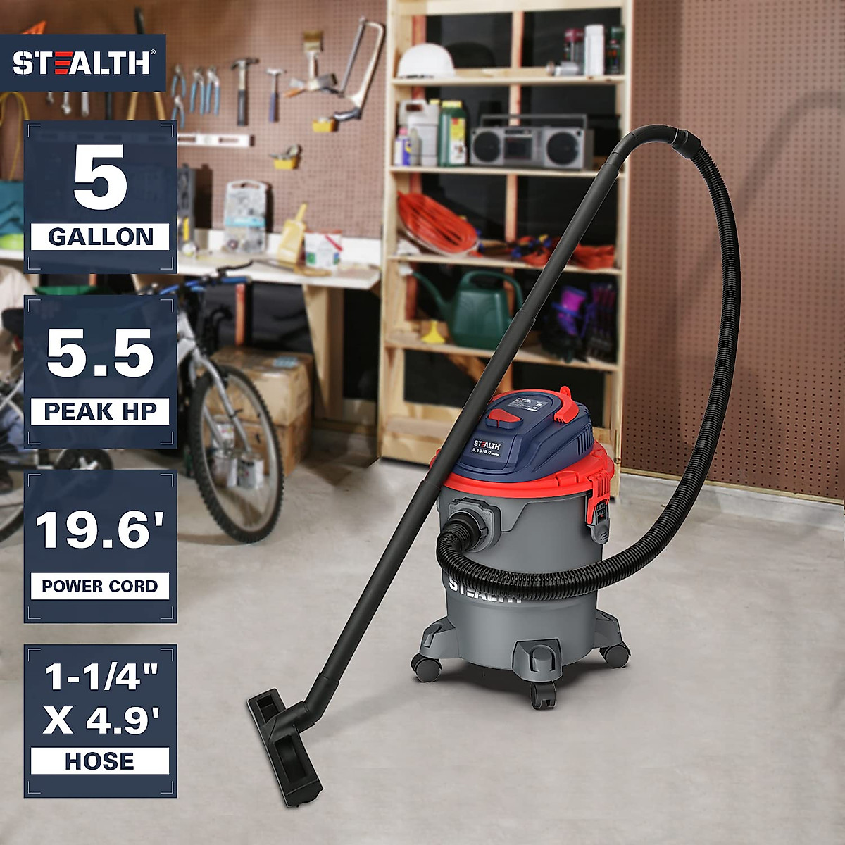 Stealth 3 in 1 Wet Dry Vacuum Cleaner, 5 Gallon 5.5 Peak HP, Portable Shop Vacuum with Blower, 1-1/4 inch Hose, ECV05P1