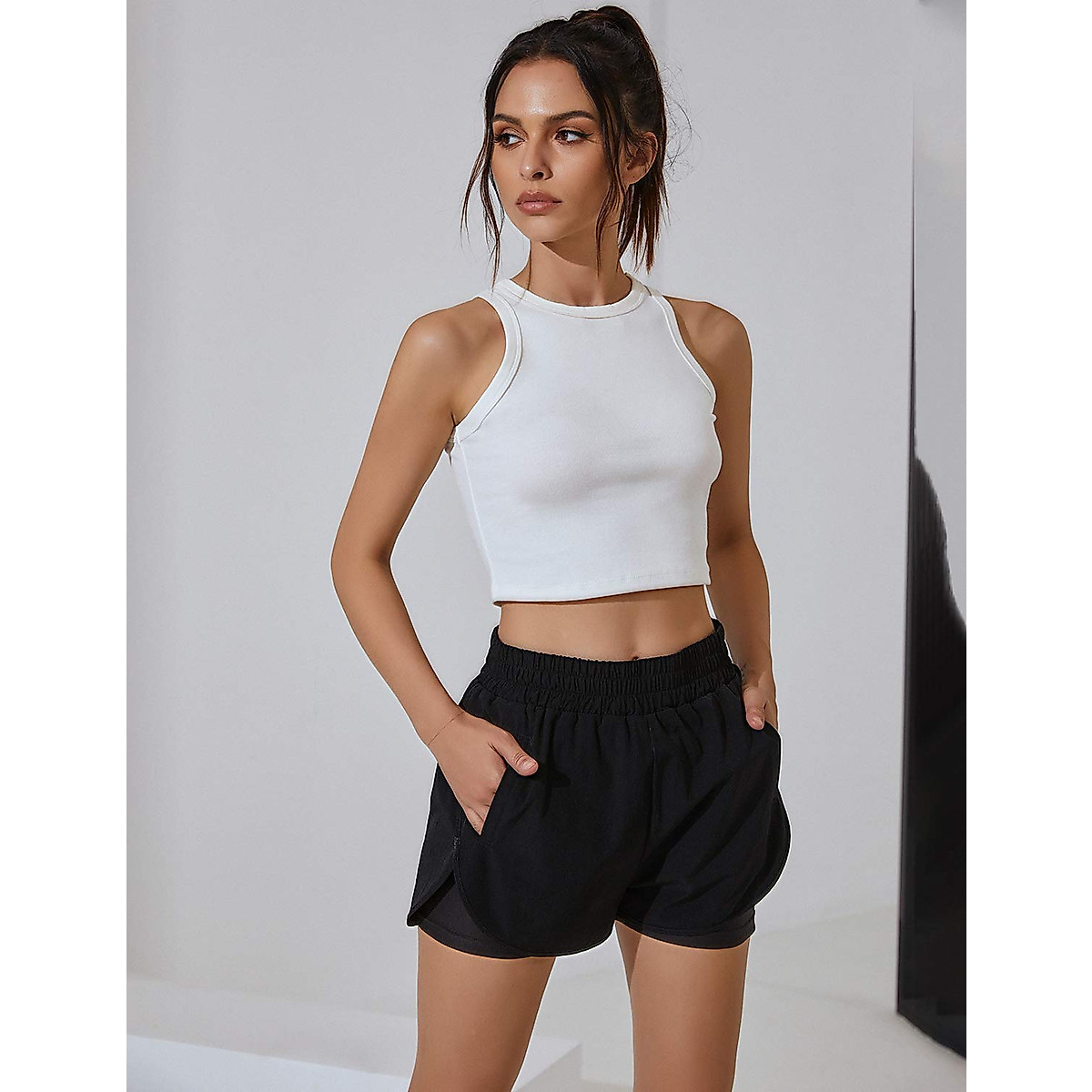 BMJL Women's Running Shorts Elastic Waistband High Waisted Short Pocket Sporty Workout Short Gym Athletic Shorts Pant (M, Black)