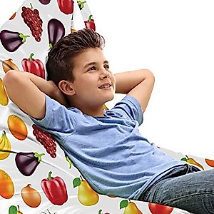 Ambesonne Fruits and Vegetables Lounger Chair Bag, Pear Grapes Eggplant Plum Peppers Onions Bananas Orange Tomatoes, High Capacity Storage with Handle Container, Lounger Size, Multicolor