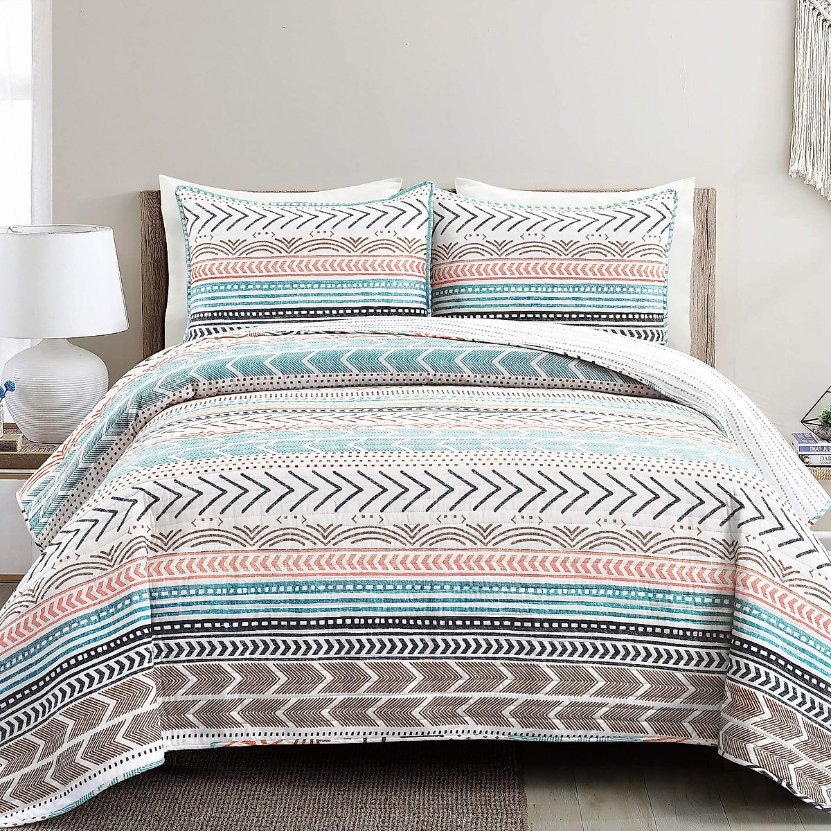 Lush Decor Hygge Geo Pattern Striped 3 Piece Quilt Bedding Set, King, Neutral & Multicolored