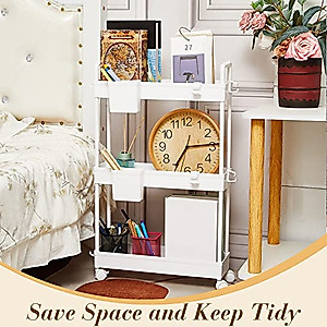 Qunclay 4 Pack Plastic Slim Storage Rolling Cart 3 Tier Storage Cabinet Moveable Bookshelf on Wheels Shelves Thin Storage Cart for Bathroom Laundry Room Book Cart Under Desk Storage Shelf Small Space