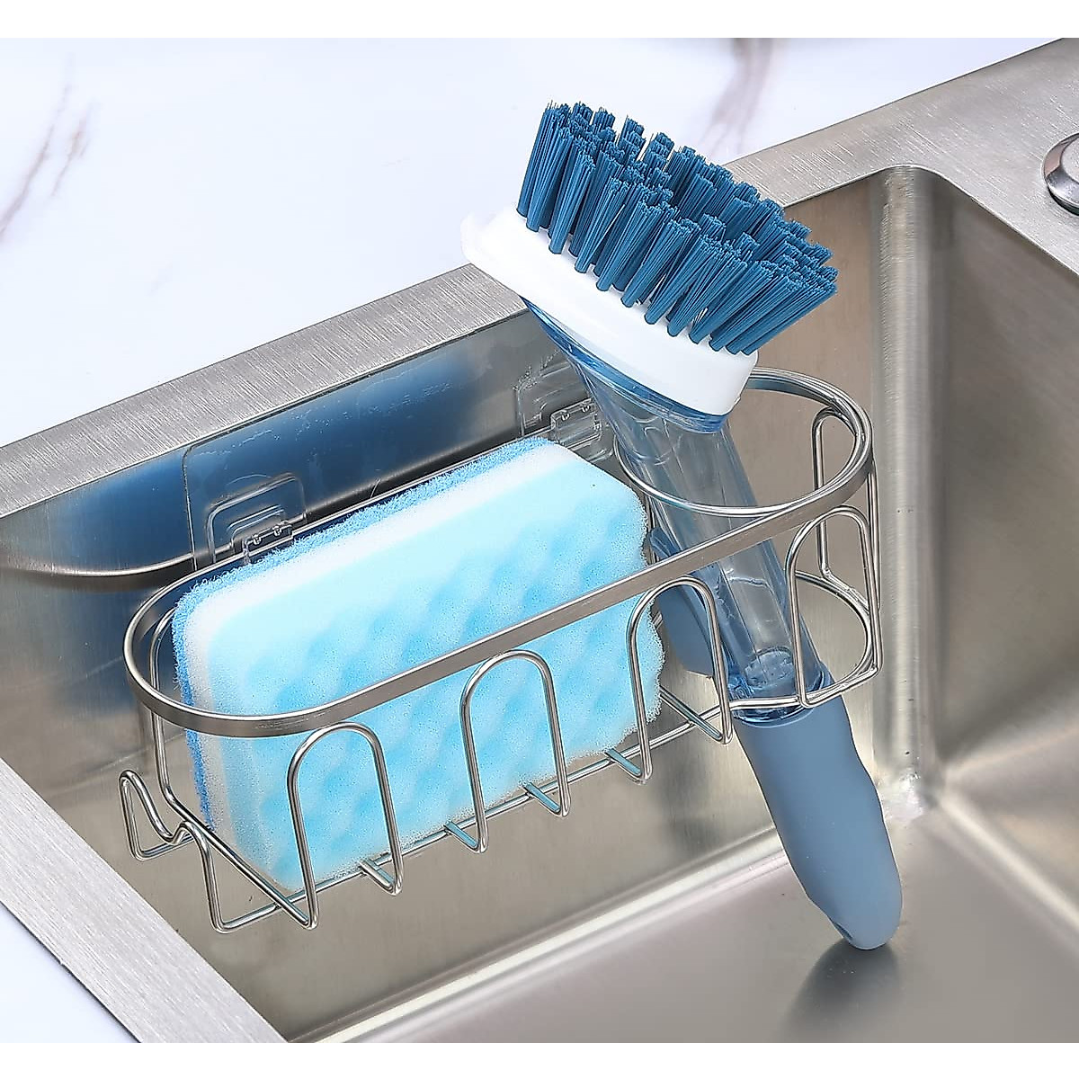 DOLRIS Kitchen Sink Caddy, Sponge Holder for Kitchen Sink, 3 in 1 Adhesive Kitchen Sponge Holder + Brush Holder + Hooks, Kitchen Sink Accessories SUS304 Stainless Steel,Silver
