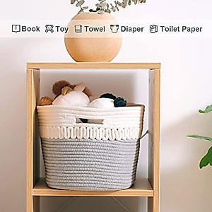 AROPEME Cotton Rope Basket | 15"x10"x9" Rectangle Woven Storage Basket for Toys Books Towels Shelves | Coiled Decorative Basket with Handle for Living Room Bathroom | Baby Nursery Bin, Grey