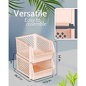 Skywin Plastic Stackable Storage Bins for Pantry - 2 Pack Stackable Bins For Organizing Food, Kitchen, and Bathroom Essentials (Cream)