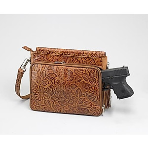GTM GTM-22-TN Gun Tote'n Mamas Concealed Carry Tooled American Cowhide Shoulder Bag, Tan, Small