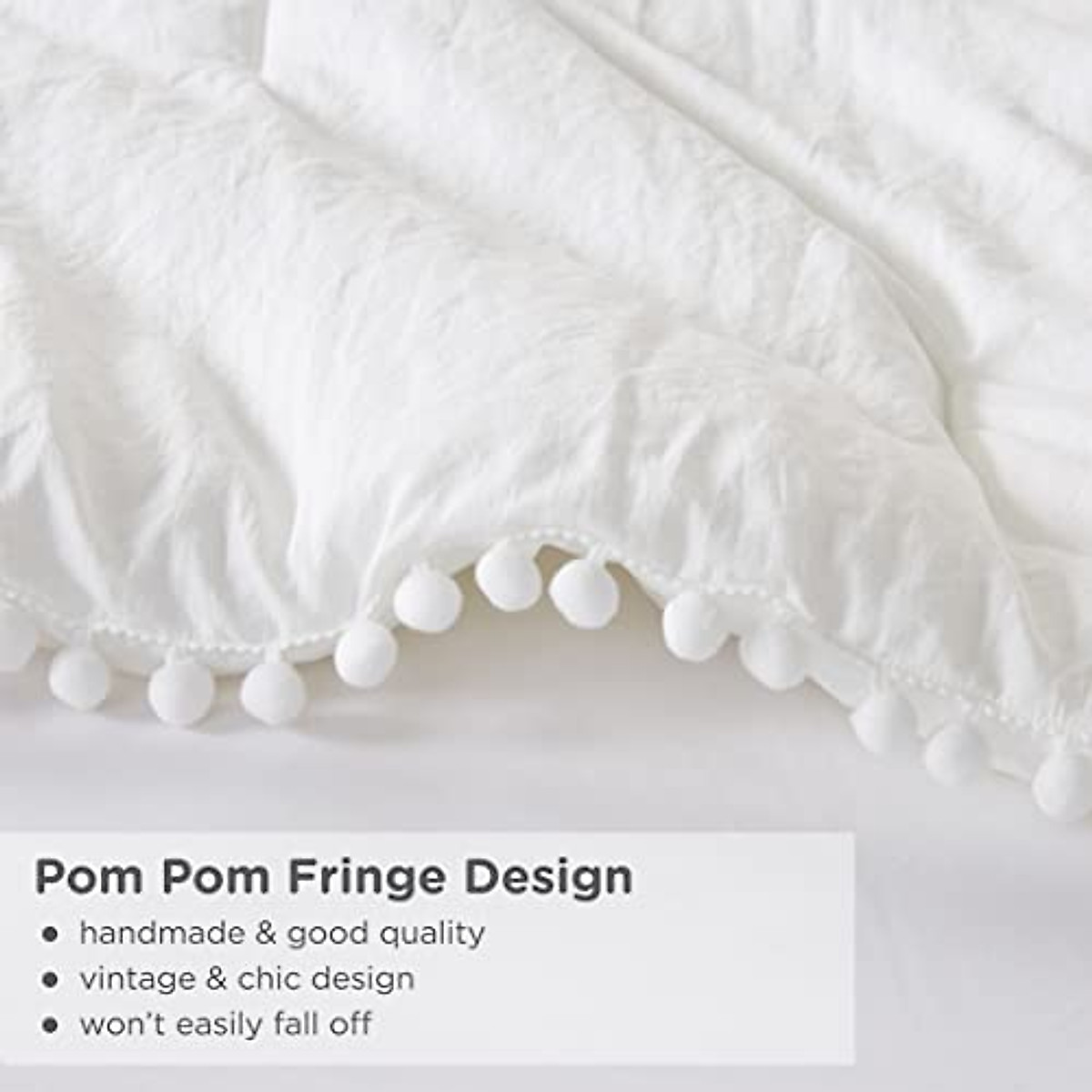 Codi White Boho Queen Comforter Set, Aesthetic Luxurious Pom Fringe Design Bedding Full, Cute Soft Washed Microfiber Bed Sets, Lightweight Chic 3pcs,1 Comforter & 2 Pillowcases (90x90 Inches)