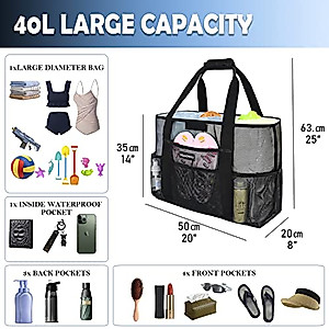 DiGeeONEGU Beach Bag, Large Mesh Beach Bag Waterproof Sandproof, Beach Toy Tote Bag, Pool Bag with Pockets,Comfertable Strap (Black)