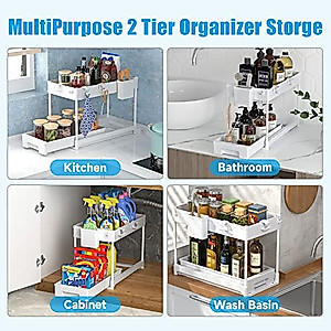 Luyata 2 Pack Under Sink Organizer, 2 Tier Pull Out Under Sink Cabinet Organizer, Sliding out Drawer Basket Storage Organizer Shelf for Kitchen Bathroom, with Hooks, Hanging Cups, Dividers, White