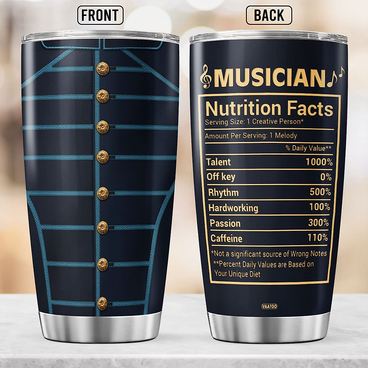 VAATOO Musician Coffee Tumbler Nutrition Facts Travel Mug With Lid Cool Birthday Gifts For Men Women Music Lovers Inspirational Sayings Cold Steel Tumblers Insulated Cup Hot Drink