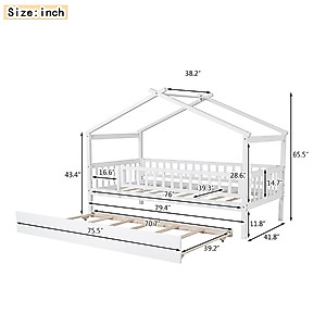 Twin House Bed with Trundle, House Bed for Kids, Wooden Daybed Twin Platform Bed Frame with Guardrails and Roof, for Girls Boys, Easy Assembly (Twin Size, White)