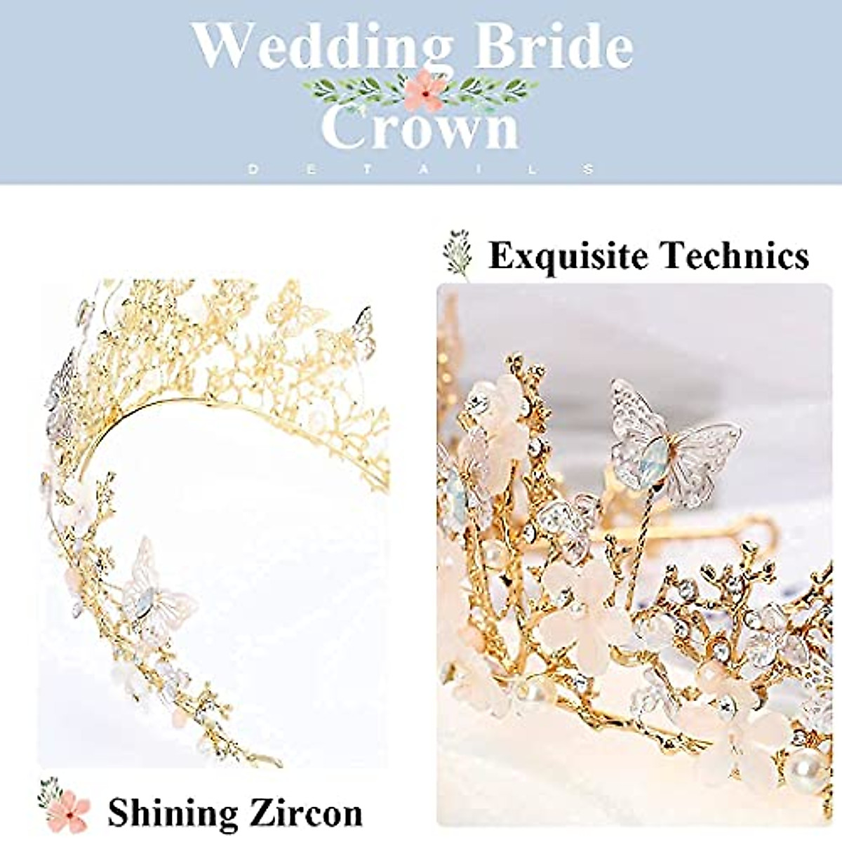 Kilshye Queen Crown Gold Tiaras and Crowns Butterfly Rhinestone Tiara Vintage Bridal Wedding Crown Pageant Costmue Prom Headpiece for Women and Girls (Gold)