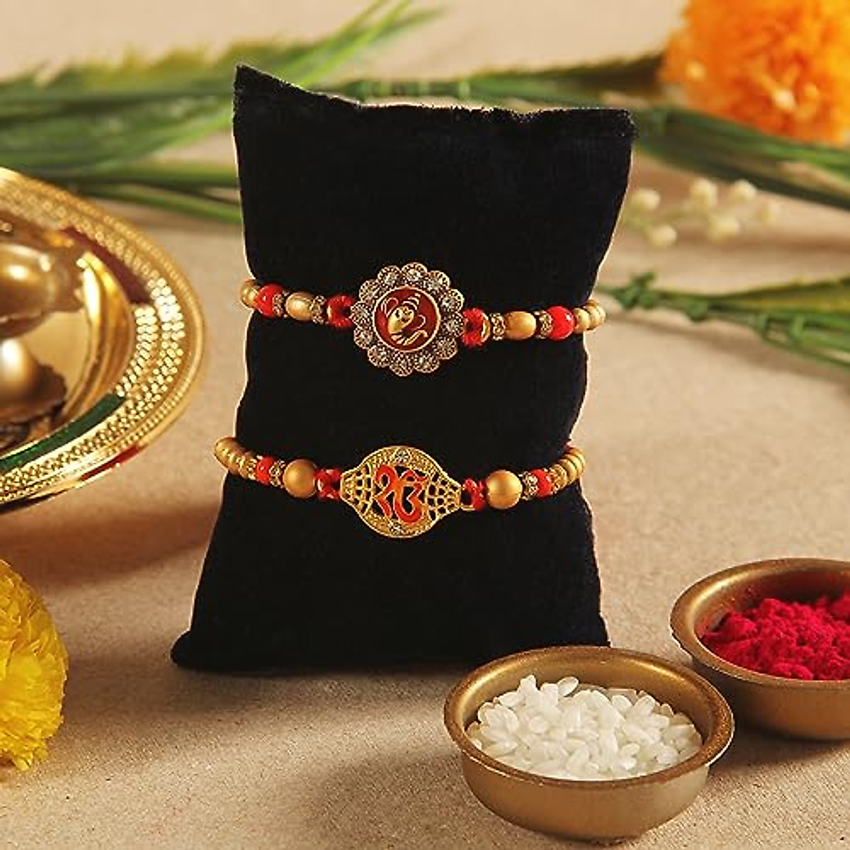 ARTISENIA Set of 2 Rakhi for Brother with Raksha Bandhan Greeting Card | Roli Chawal Tika - Raksha Bandhan Ek Onkar Rakhi for Brother | Rakhi for Bhaiya | Ganesha Rakhi Thread RNJ0025