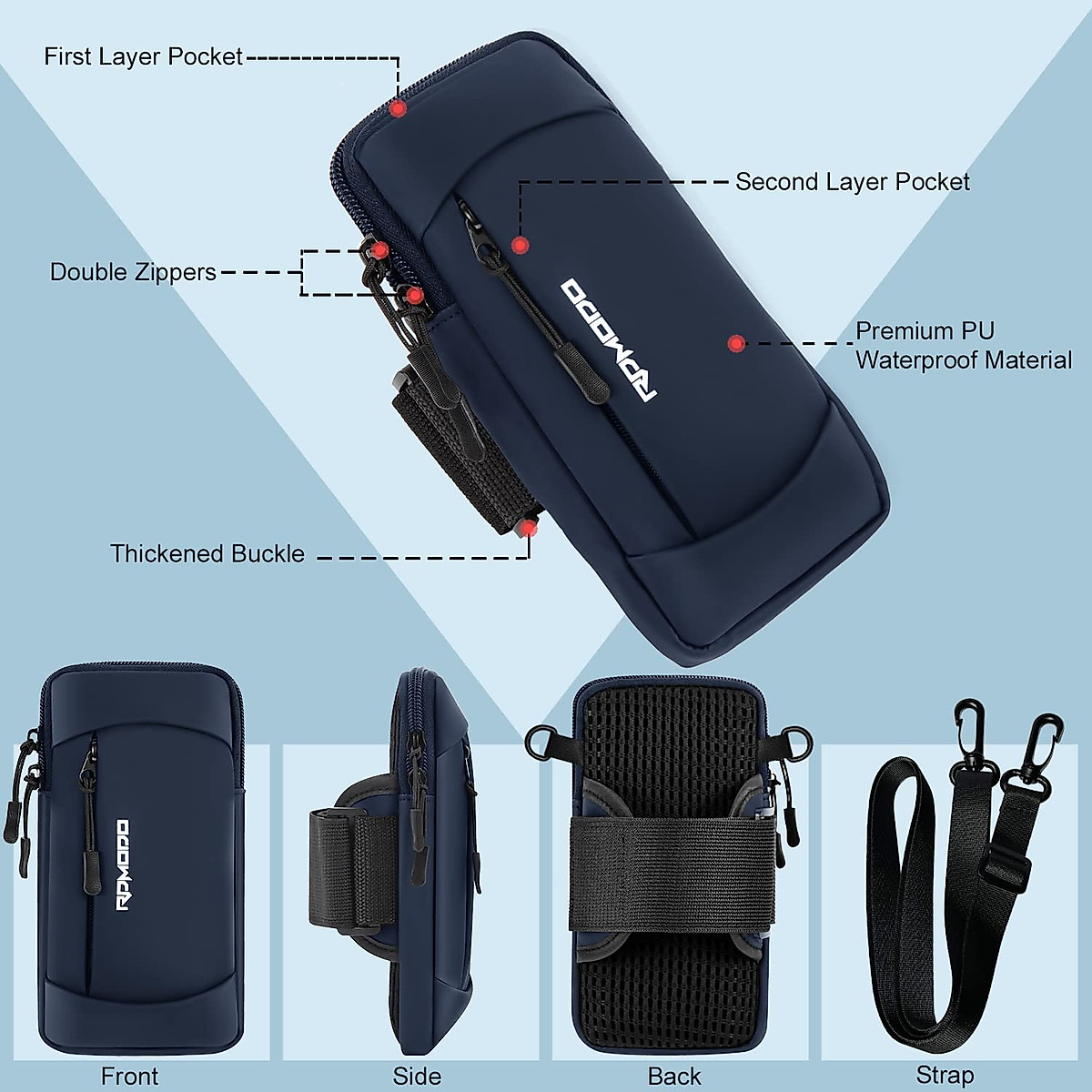 RDMODO Phone Holder for Running with Crossbody Strap, Running Armband Phone Holder for iPhone 11 12 13 14 15 Pro Max Samsung, Cell Phone Holder for Walking Women Men Under 7.5 Inch（Crossbody Bag Blue）