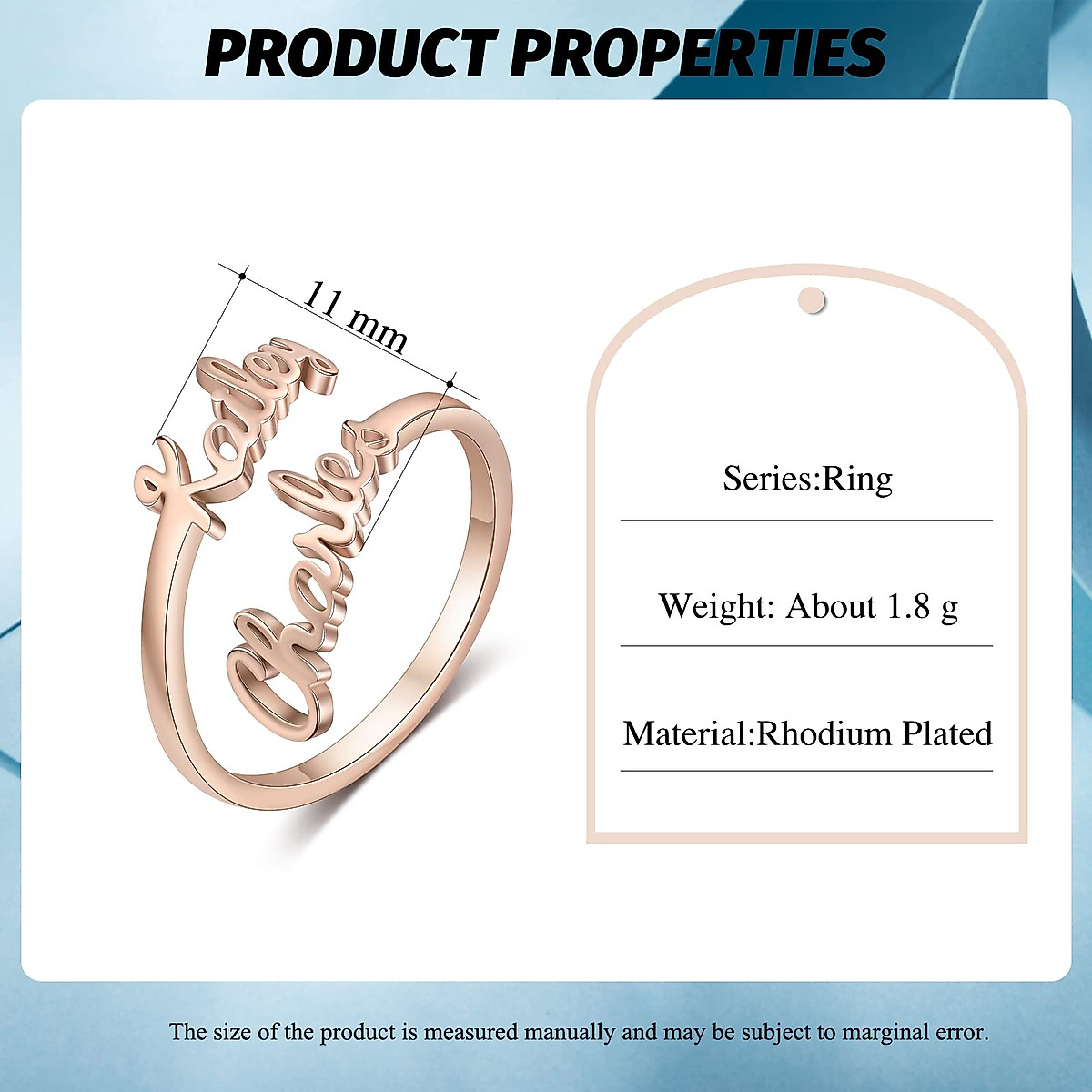 Personalized Name Ring for Women, Custom Adjustable Ring with 2 Names Promise Ring for Her Gift for Women Mother BFF (Rose Gold)