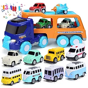 ToyBay 14PCS Toy Trucks Car for 2 3 4 5 Year Old Toddlers Boys Girls, Carrier Truck Transport Vehicles Toys, Car Trucks Toys with Light, Music & Play Mat, Kids Toy Cars Birthday Gifts, Multi-Color
