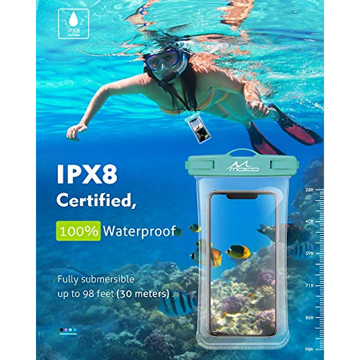 MoKo Waterproof Phone Pouch 3-Pack, Underwater Phone Case Dry Bag with Lanyard Compatible with iPhone 14 13 12 11 Pro Max X/Xr/Xs Max/SE 3, Galaxy S21/S20, up to 7.5", Orange+SkyBlue+Magenta