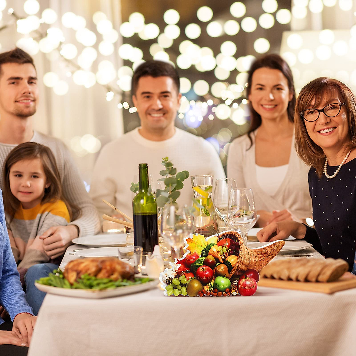 Amyhill Thanksgiving Table Centerpiece Cornucopia Fall Centerpiece for Tables with Inspirational Words Peace Love Joy Goodness Faithfulness Harvest Cornucopia Basket for Fall Dining Table Decor