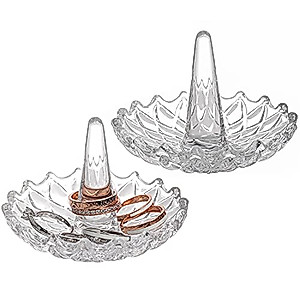 MyGift Clear Glass Ring Cone with Tray, Engagement Wedding Ring Holder with Round Starburst Design, Small Jewelry Ring Dish, Set of 2