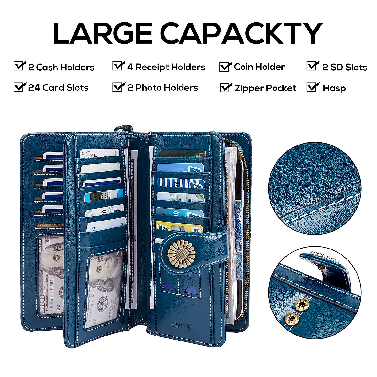 INSIFEEL Women's Wallets Large Capacity with RFID Protection Genuine Leather Wristlet Purse (Navy Blue)