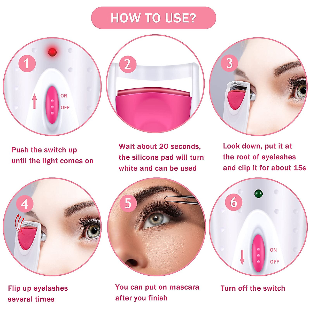 2 Pieces Heated Eyelash Curler Electric Eyelash Curlers Painless Safety Design with Double Silicone Curling Pad for Women Long Lasting Naturally Eyelashes (Pink)