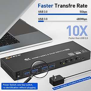 USB 3.0 KVM Switch HDMI 4 Port Support 4K@60Hz 2K@120Hz RGB 4:4:4 Simulation EDID, HDMI USB Switch for 4 Computers Share 1 Monitor and 4 USB 3.0 Ports with Controller, Power Adapter and KVM Cables