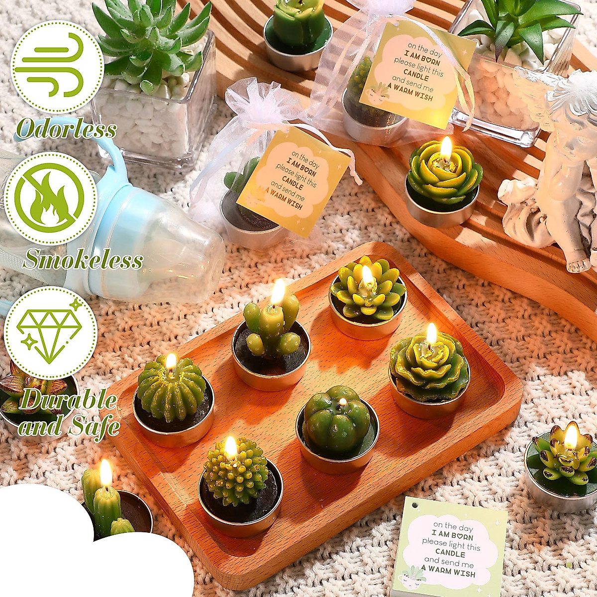 MTLEE 48 Sets Baby Shower Favors Include 48 Succulent Pumpkin Shaped Candles Fall Mini Plants Tea Lights Candles with 48 Invitations Cards and 48 Organza Bags for Baby Gender Reveal Guests(Succulent)