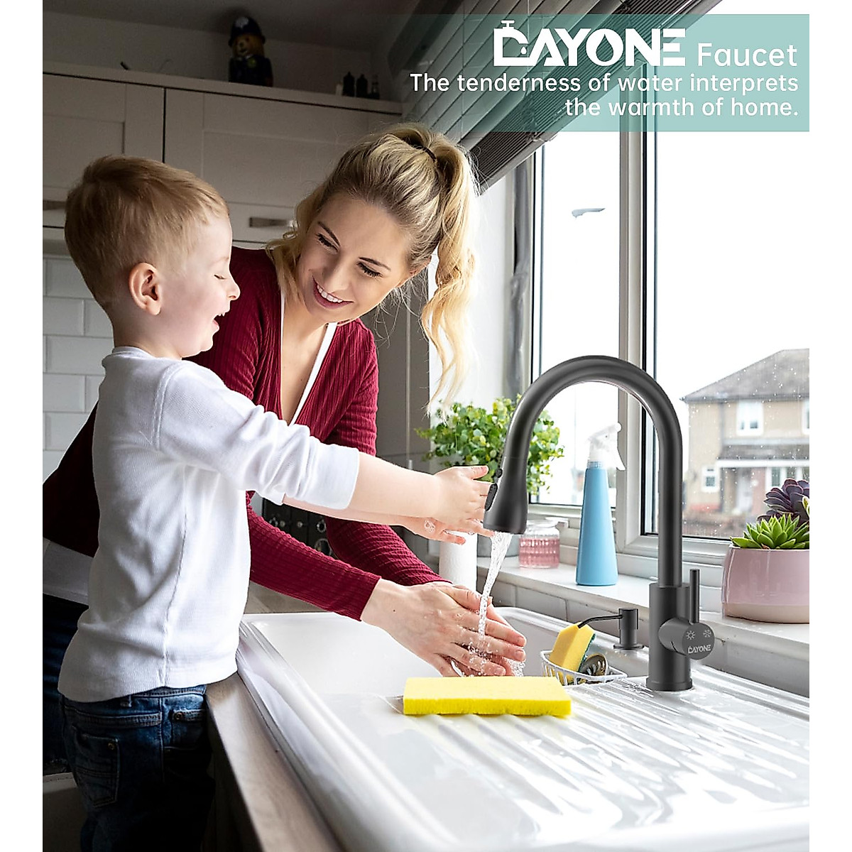 Matte Black Kitchen Faucet with Pull Down Sprayer and Soap Dispenser, DAYONE Single Handle High Arc Stainless Steel Kitchen Faucet Tap, with Escutcheon & 3 Functions, DAY-APS257MB