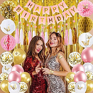 Pink and Gold Birthday Party Decorations for Women with Happy Birthday Banner,Curtains, Butterfly Wall,Circle Dots Garland,Tissue Pompoms,Paper Tassels Garland Birthday for Her